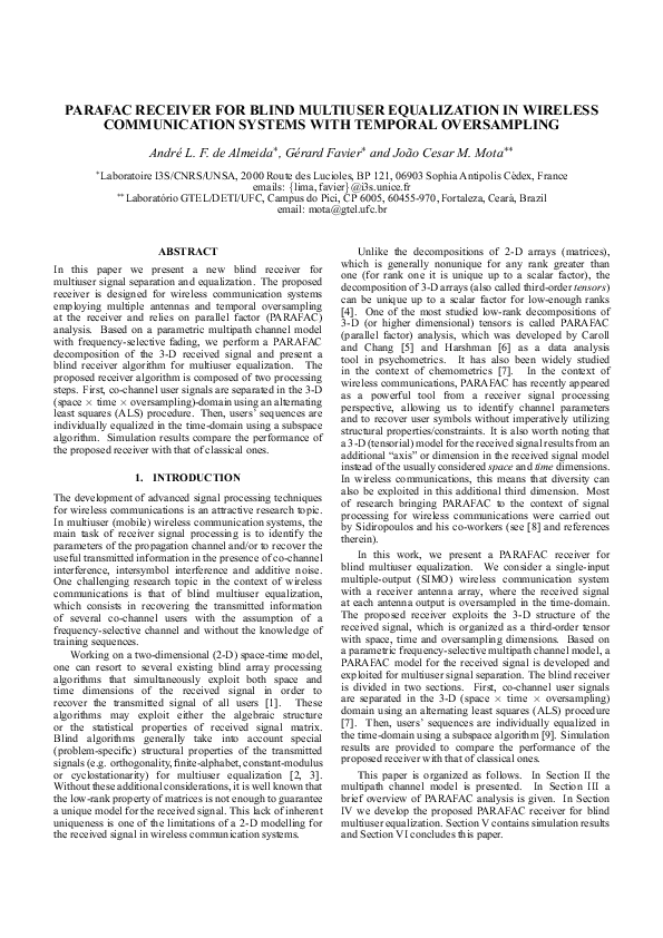 (PDF) PARAFAC receiver for blind multiuser equalization in wireless communication systems with ...