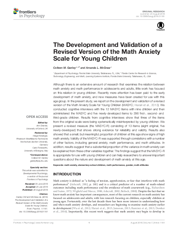 (PDF) The Development and Validation of a Revised Version of the Mathematics Anxiety Rating Scale