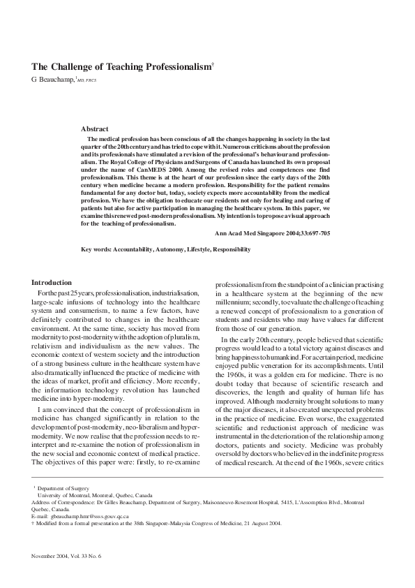 (PDF) The challenge of teaching professionalism | Gilles Beauchamp ...