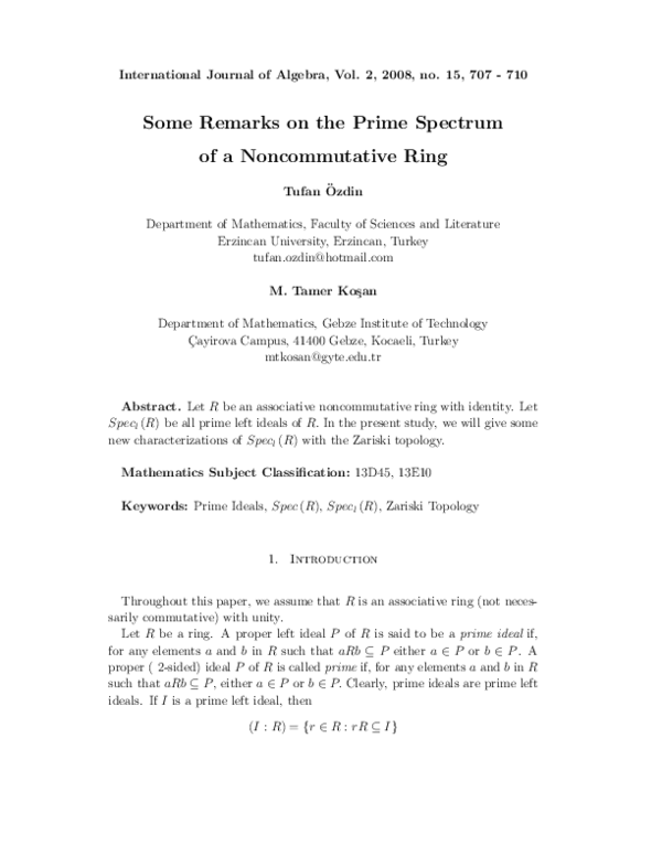 (PDF) Some Remarks on the Prime Spectrum of a Noncommutative Ring