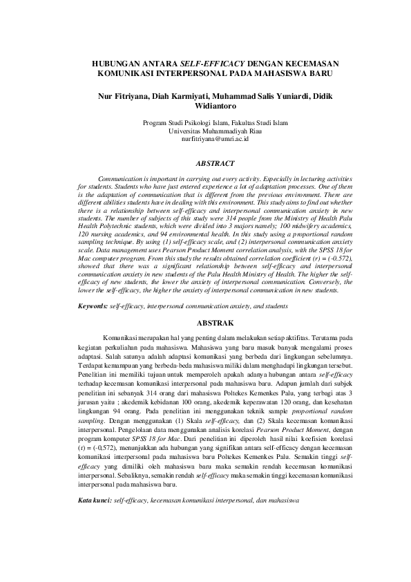 (PDF) Hubungan Antara Self-Efficacy dengan Kecemasan Komunikasi INterpersonal pada Mahasiswa Baru