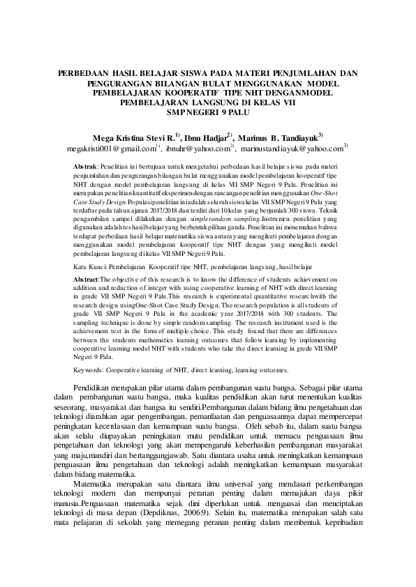 (PDF) Perbedaan Hasil Belajar Siswa Pada Materi Penjumlahan Dan Pengurangan Bilangan Bulat ...