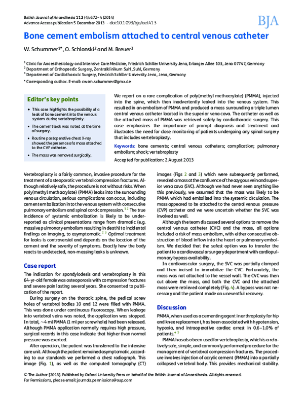 (PDF) Bone cement embolism attached to central venous catheter