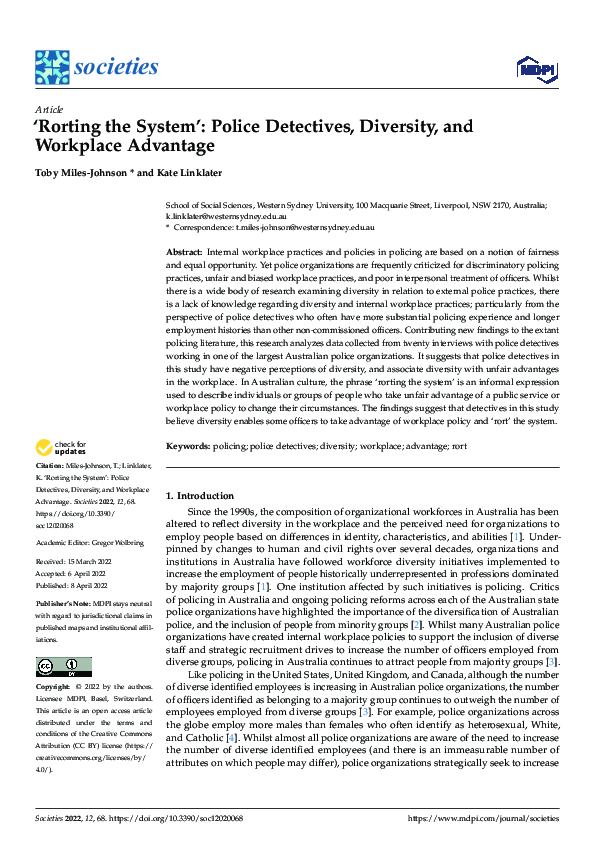 (PDF) ‘Rorting the System’: Police Detectives, Diversity, and Workplace ...