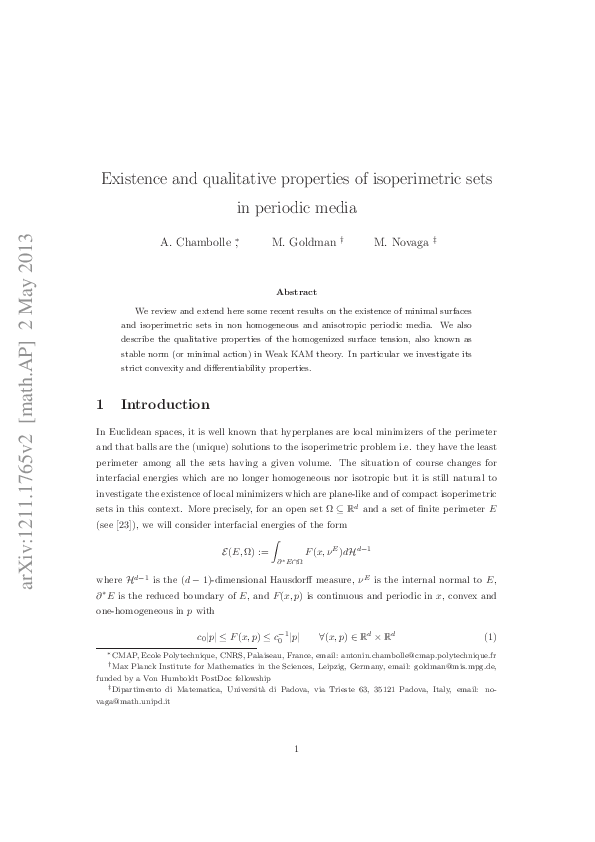 (PDF) Existence and qualitative properties of isoperimetric sets in ...