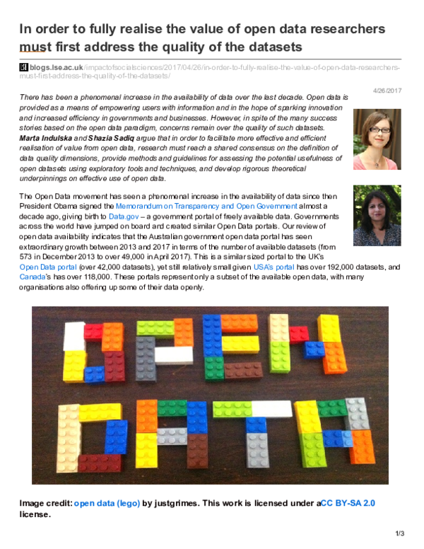(PDF) In order to fully realise the value of open data researchers must ...