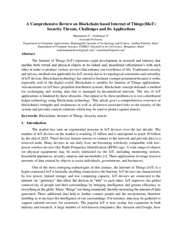(PDF) A Comprehensive Review on Blockchain-Based Internet of Things (BIoT): Security Threats ...