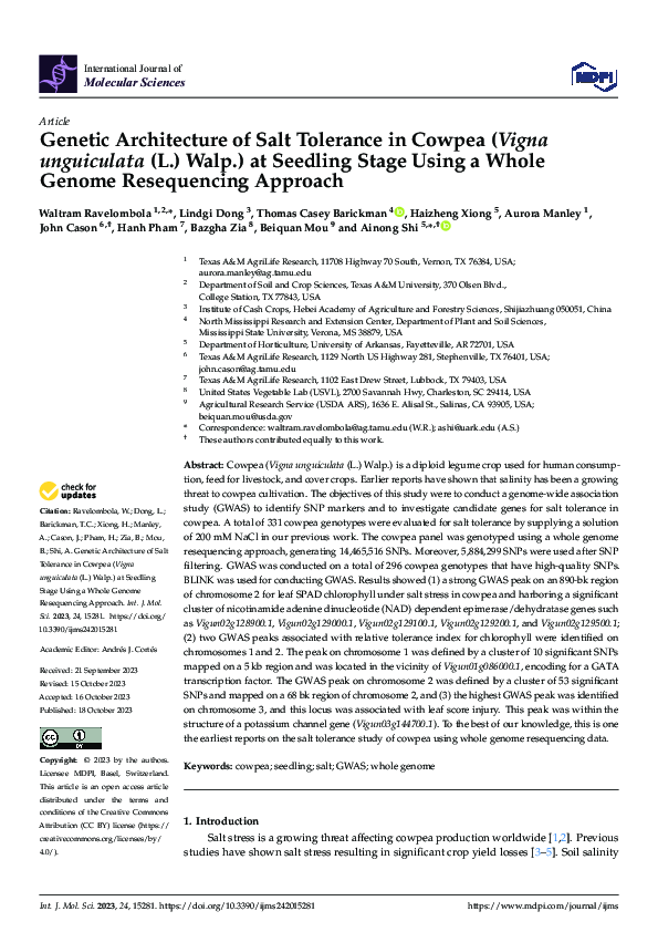 (PDF) Genetic Architecture of Salt Tolerance in Cowpea (Vigna unguiculata (L.) Walp.) at ...
