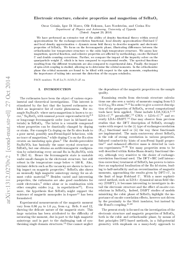 (PDF) Electronic structure, cohesive properties, and magnetism ofSrRuO3