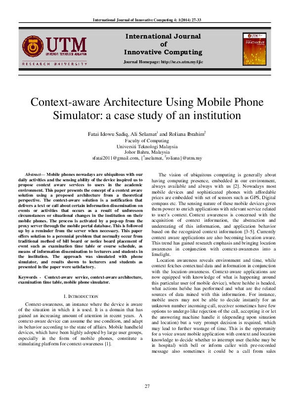 (PDF) Context-Aware Architecture Using Mobile Phone Simulator: A Case Study of an Institution