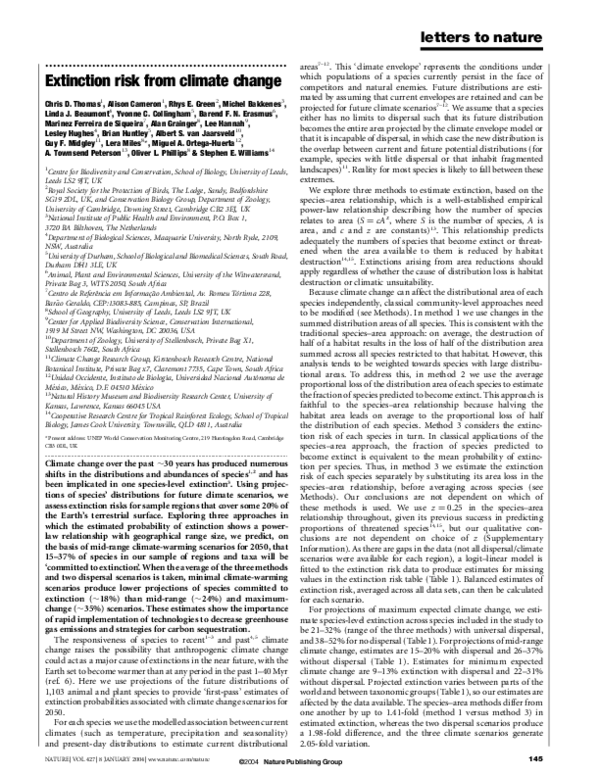 (PDF) Extinction risk from climate change | Alison Cameron - Academia.edu