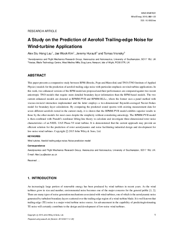 (PDF) A study on the prediction of aerofoil trailing-edge noise for wind-turbine applications