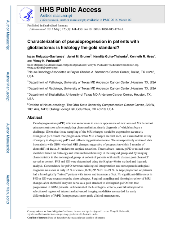 (PDF) Characterization of pseudoprogression in patients with glioblastoma: is histology the gold ...