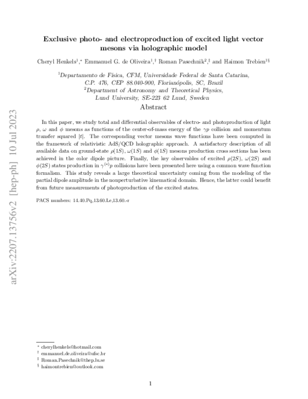(PDF) Exclusive photo- and electroproduction of excited light vector ...