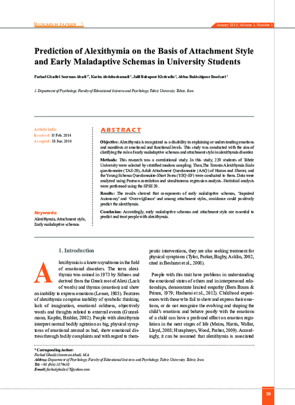 (PDF) Prediction of Alexithymia on the Basis of Attachment Style and Early Maladaptive Schemas ...