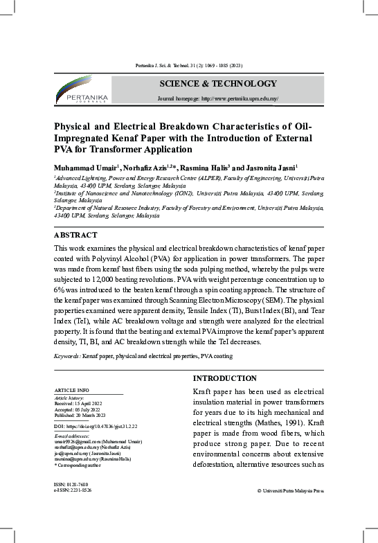 (PDF) Physical and Electrical Breakdown Characteristics of Oil-Impregnated Kenaf Paper with the ...