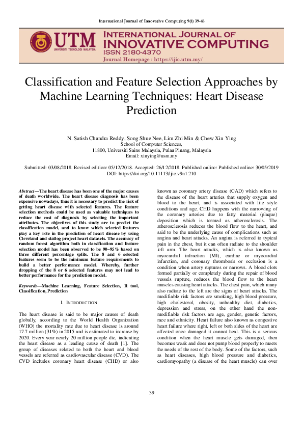 Pdf Improving Heart Disease Prediction Using Feature Selection Approaches