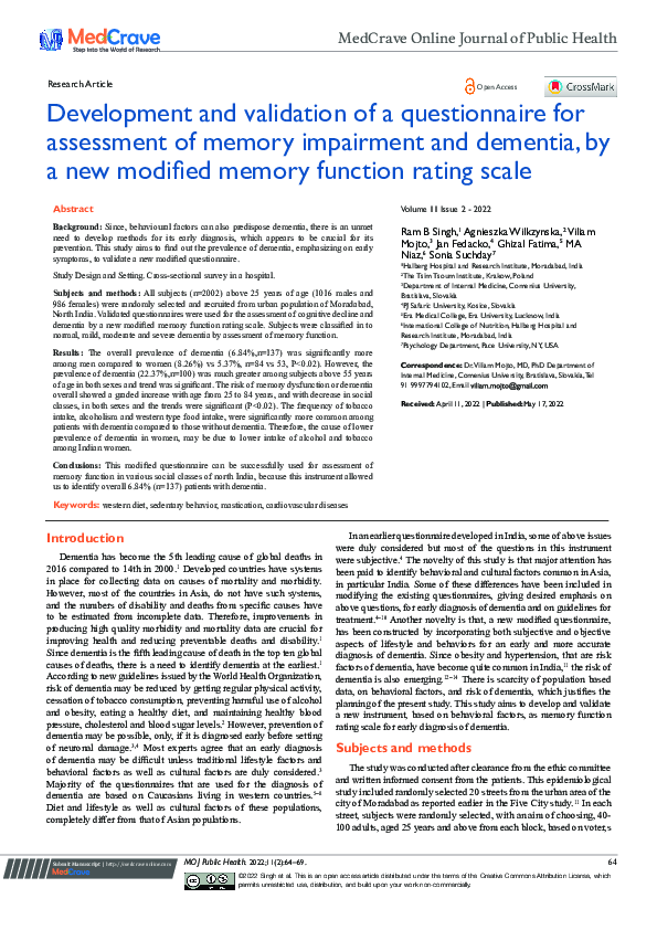 (PDF) Development and validation of a questionnaire for assessment of memory impairment and ...