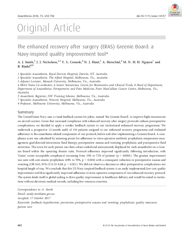 (PDF) The enhanced recovery after surgery (ERAS) Greenie Board: a Navy ...