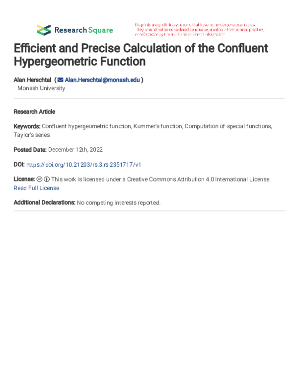 Pdf Efficient And Precise Calculation Of The Confluent Hypergeometric
