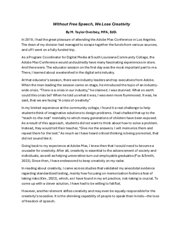 (PDF) Without Free Speech, We Lose Creativity