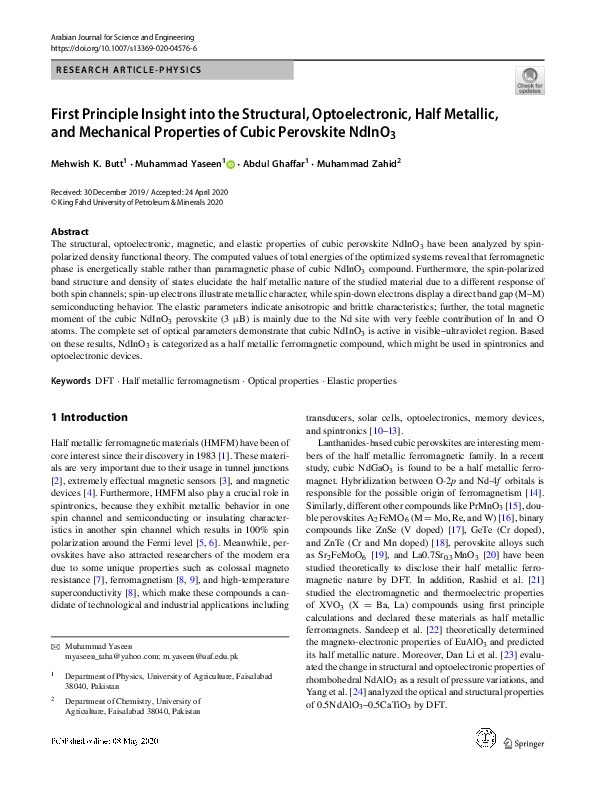 (PDF) First Principle Insight into the Structural, Optoelectronic, Half Metallic, and Mechanical ...