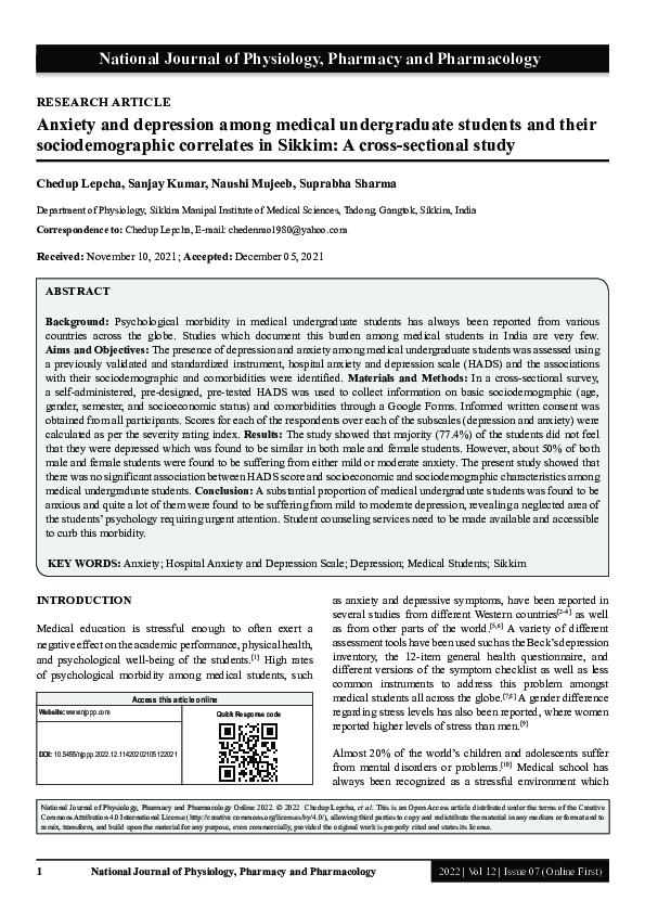 (PDF) Anxiety and depression among medical undergraduate students and ...