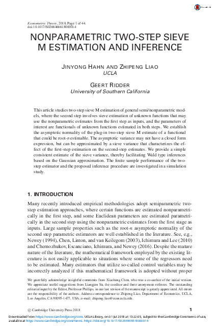 (PDF) Nonparametric Two-Step Sieve M Estimation and Inference