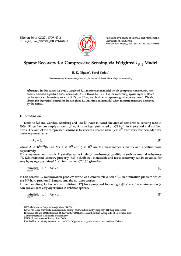 (PDF) Sparse recovery for compressive sensing via weighted Lp−q model