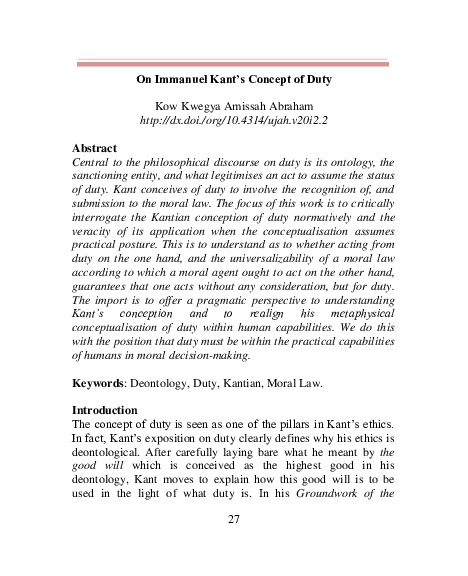 (PDF) On Immanuel Kant’s Concept of Duty