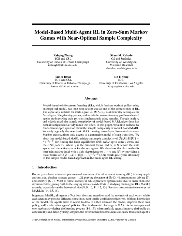 Pdf Model Based Multi Agent Rl In Zero Sum Markov Games With Near Optimal Sample Complexity