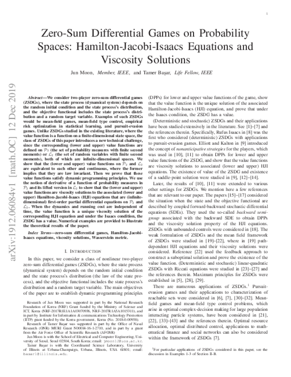 (PDF) Zero-Sum Differential Games on Probability Spaces: Hamilton-Jacobi-Isaacs Equations and ...