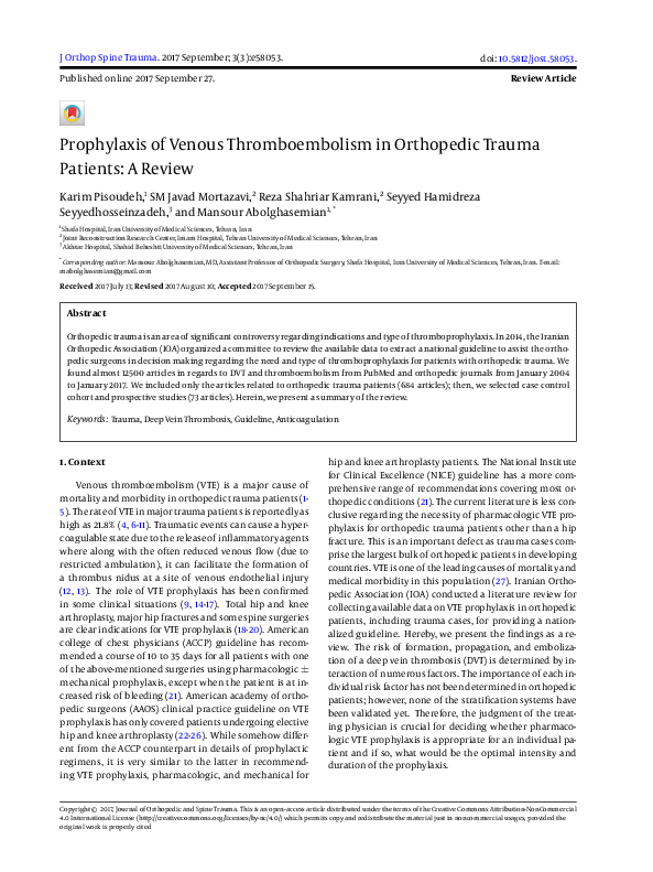 (PDF) Prophylaxis of Venous Thromboembolism in Orthopedic Trauma Patients: A Review | Mansour ...