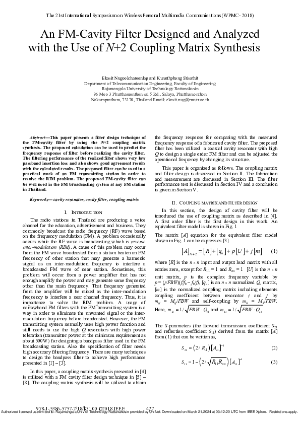 (PDF) An FM Cavity Filter Designed and Analyzed with the Use of N2 ...