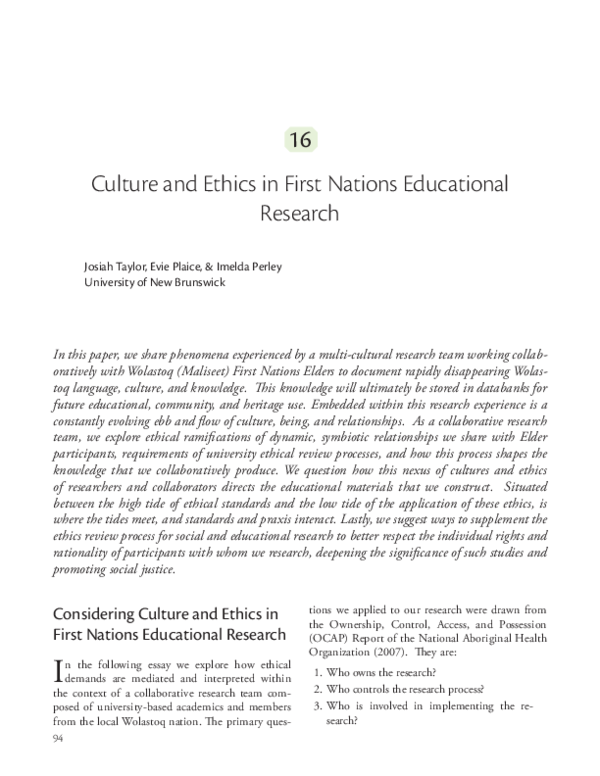 (PDF) 16. Culture and Ethics in First Nations Educational Research