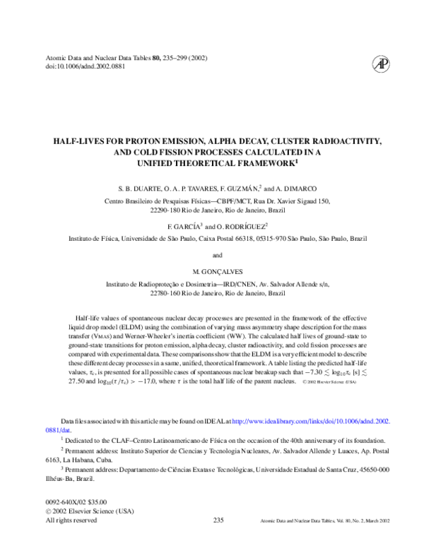 (PDF) Half-Lives for Proton Emission, Alpha Decay, Cluster ...