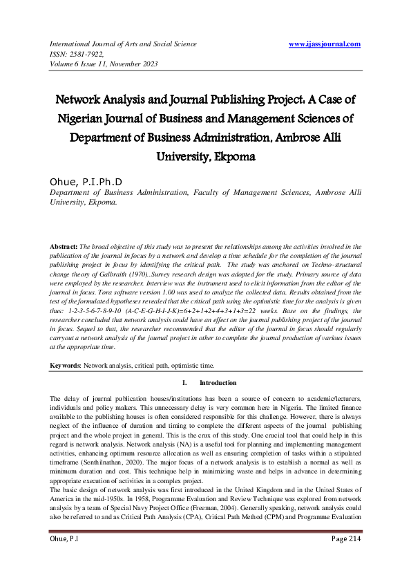 (PDF) Network Analysis and Journal Publishing Project: A Case of