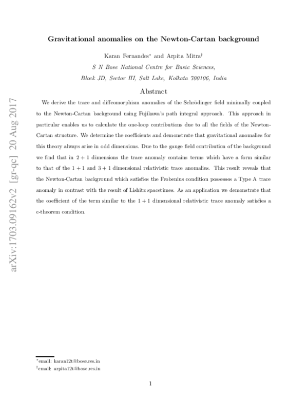 (PDF) Gravitational anomalies on the Newton-Cartan background | Arpita Mitra - Academia.edu