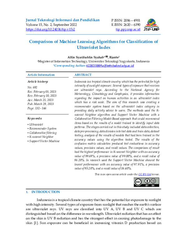 (PDF) Comparison of Machine Learning Algorithms for Classification of Ultraviolet Index | Alfin ...