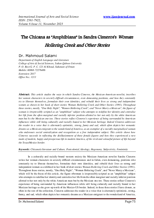 (PDF) The Chicana as "Amphibiana" in Sandra Cisneros's Woman Hollering ...
