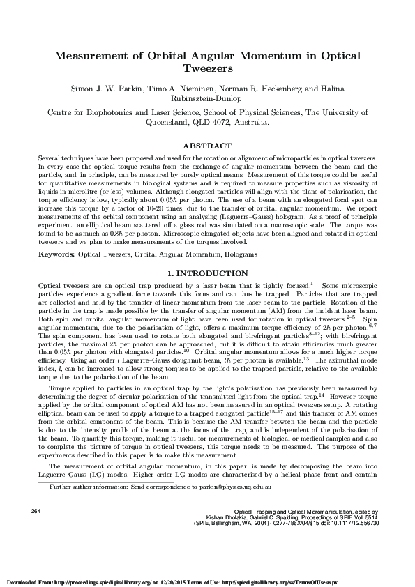 (PDF) Measurement of orbital angular momentum in optical tweezers