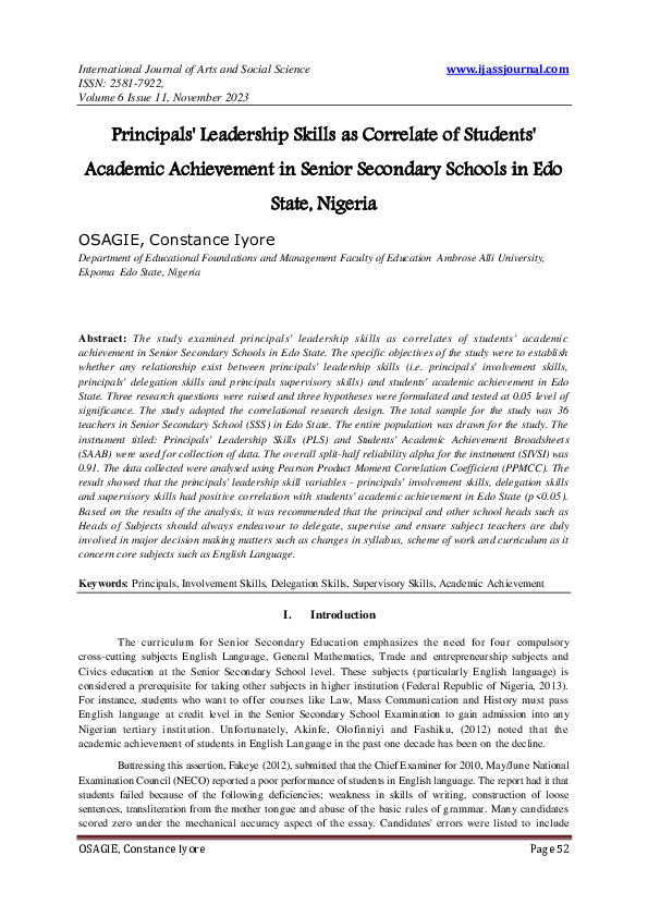 (PDF) Principals' Leadership Skills as Correlate of Students' Academic Achievement in Senior ...