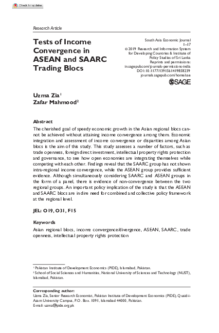 (PDF) Tests of Income Convergence in ASEAN and SAARC Trading Blocs