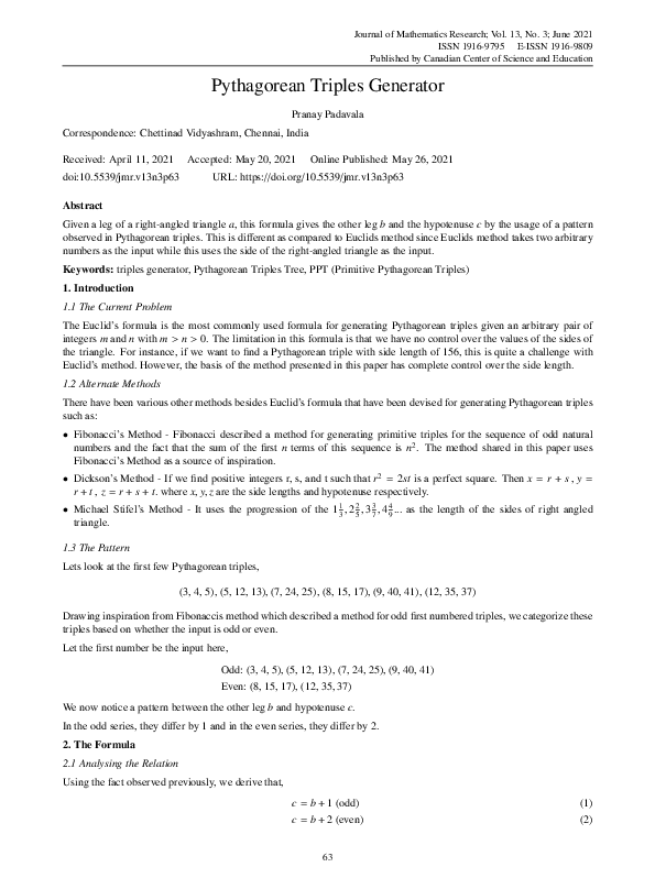 (PDF) Pythagorean Triples Generator