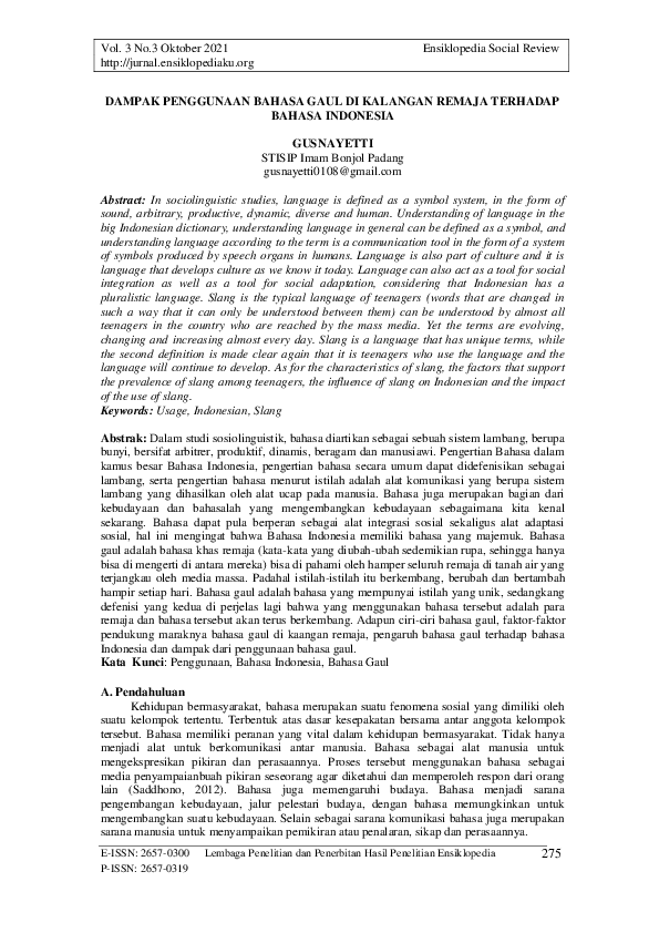 (PDF) Dampak Penggunaan Bahasa Gaul DI Kalangan Remaja Terhadap Bahasa Indonesia