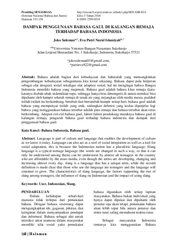 (PDF) Dampak Penggunaan Bahasa Gaul DI Kalangan Remaja Terhadap Bahasa Indonesia