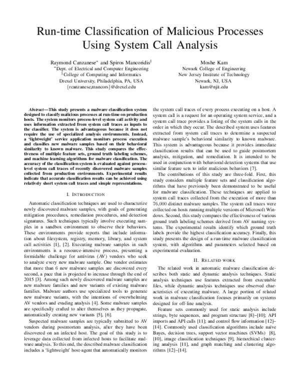 Pdf Run Time Classification Of Malicious Processes Using System Call Analysis