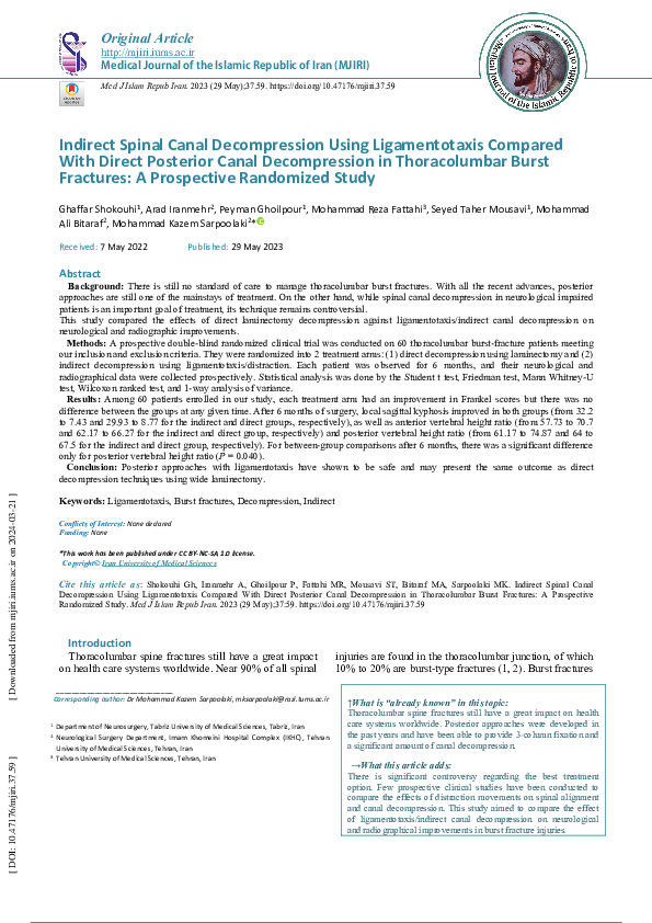 (PDF) Indirect Spinal Canal Decompression Using Ligamentotaxis Compared ...