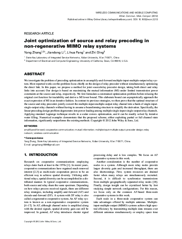 (PDF) Joint optimization of source and relay precoding in non‐regenerative MIMO relay systems