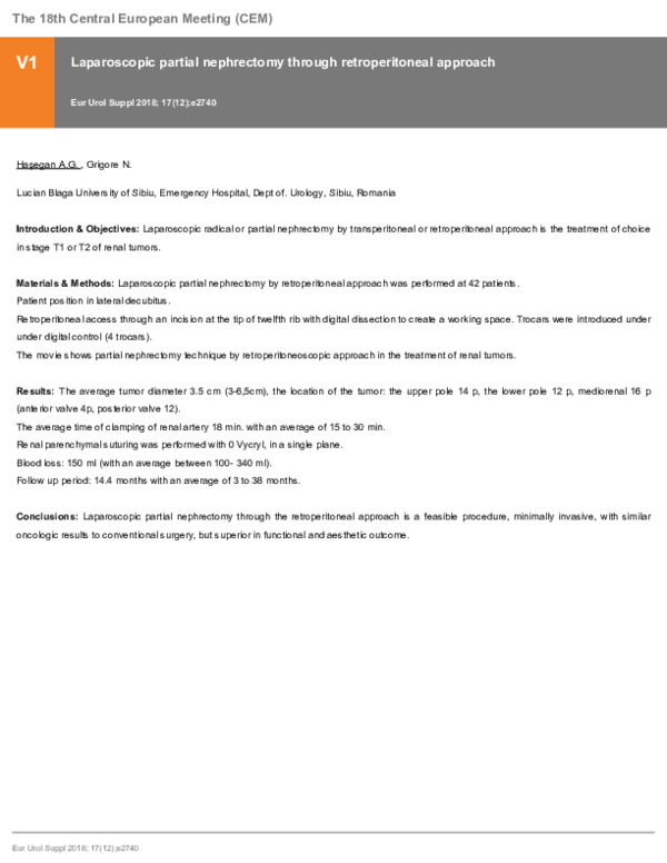 (PDF) Laparoscopic partial nephrectomy through retroperitoneal approach